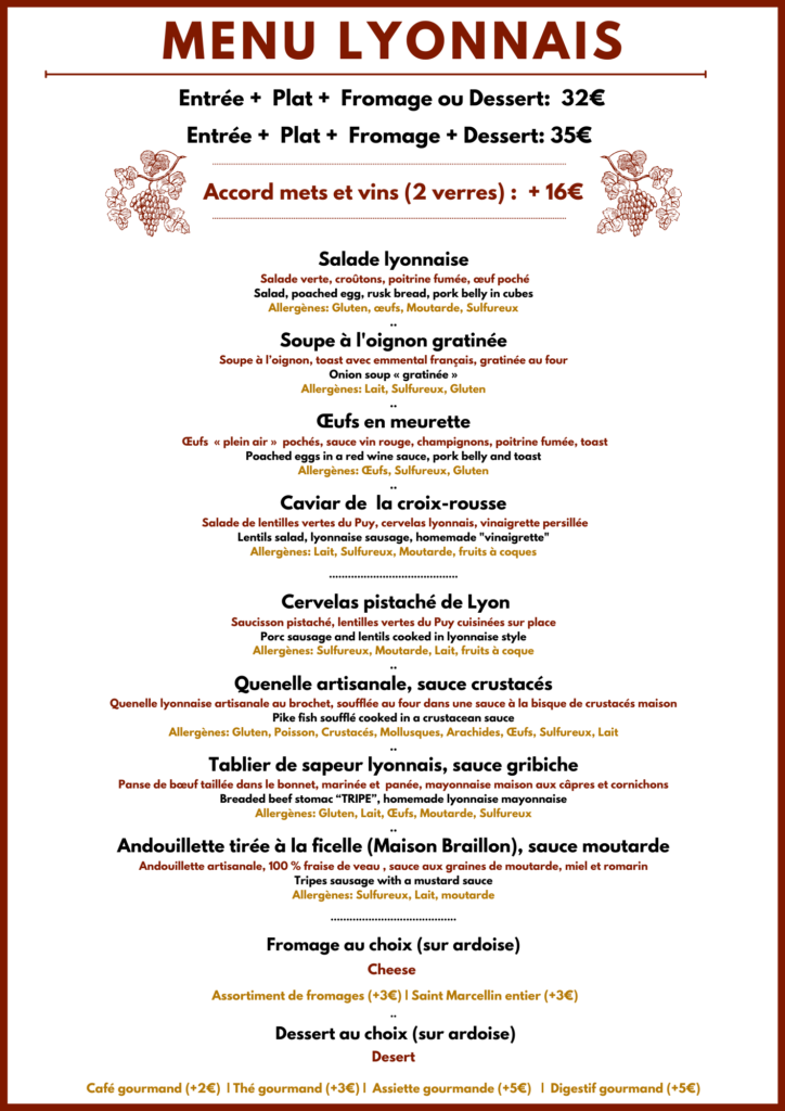 Menu de notre bouchon lyonnais - Venez déguster nos spécialités