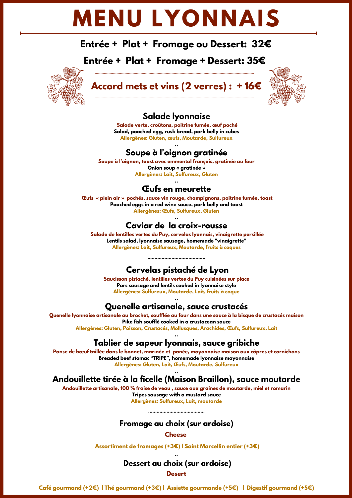 Menu de notre bouchon lyonnais - Venez déguster nos spécialités